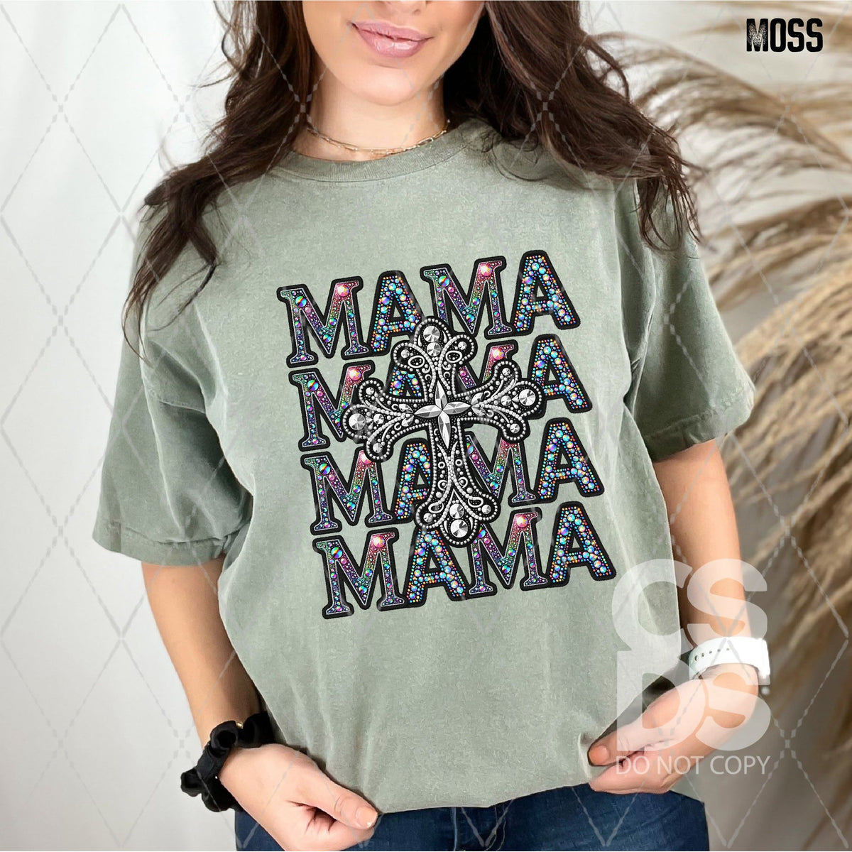 DTF Transfer - DTF010247 Mama Cross Stacked Word Art Faux Rhinestones ...