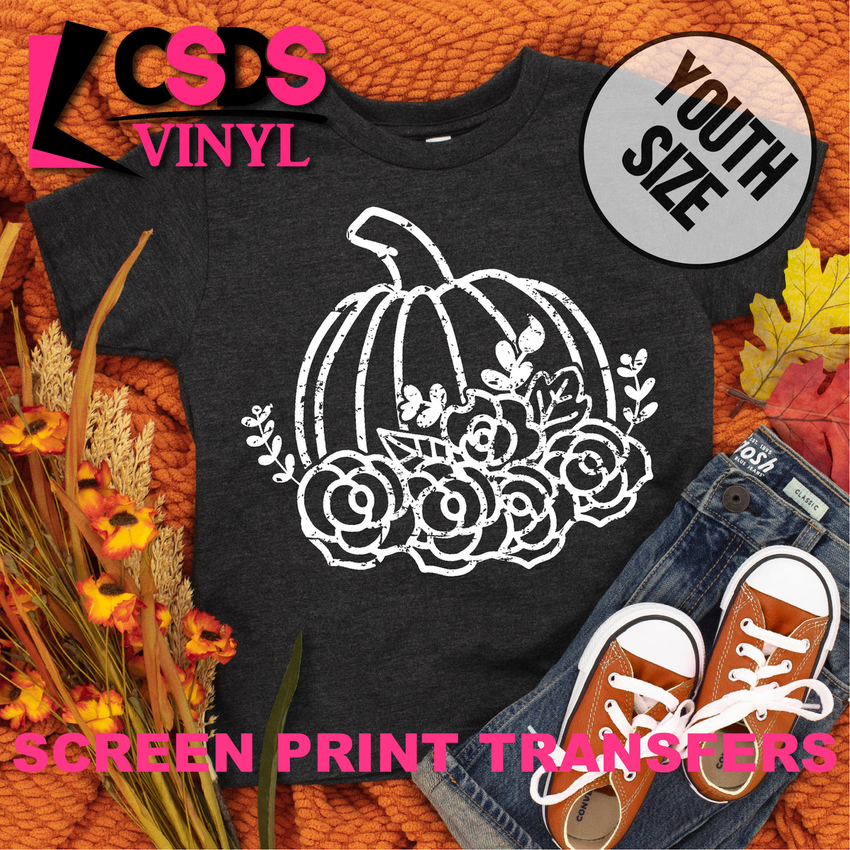 Screen Print Transfer - Pumpkin with Flowers YOUTH - White – CSDS Vinyl